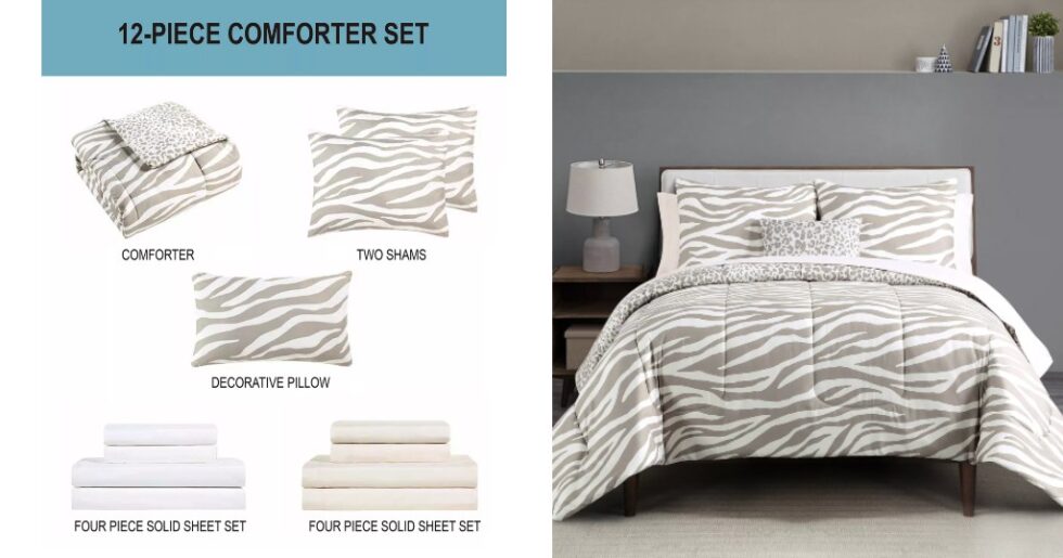 Set de Comforter Reversible Keeco Nicole Zebra de 12 Piezas a solo $35. ...